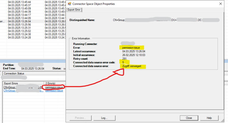 Microsoft Azure AD Connect Sync Fehler „permission-issue“ mit „Connected data source error code ...